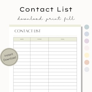 Printable Contact List Contact List Sheet Phone Number Log - Etsy