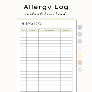 Printable Allergy Log Sheet, Health Records Tracker, Allergy Tracker ...