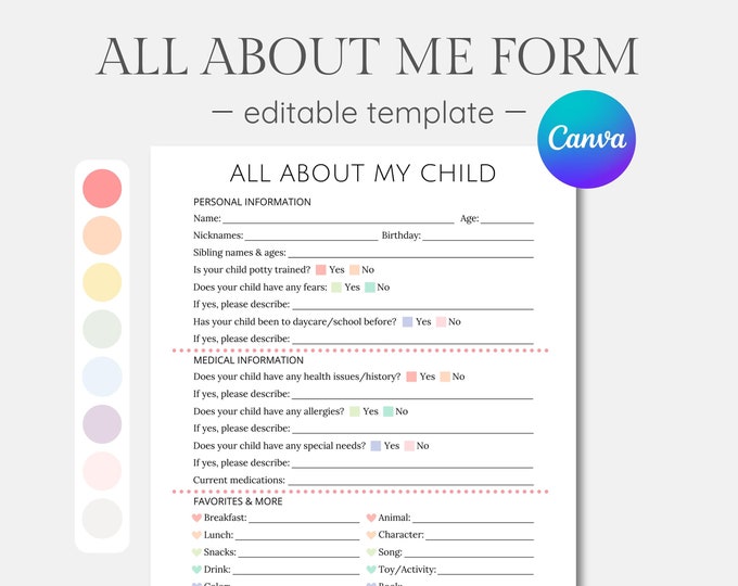 Daycare All About Me Form | Daycare Questionnaire | Get to Know Me ...