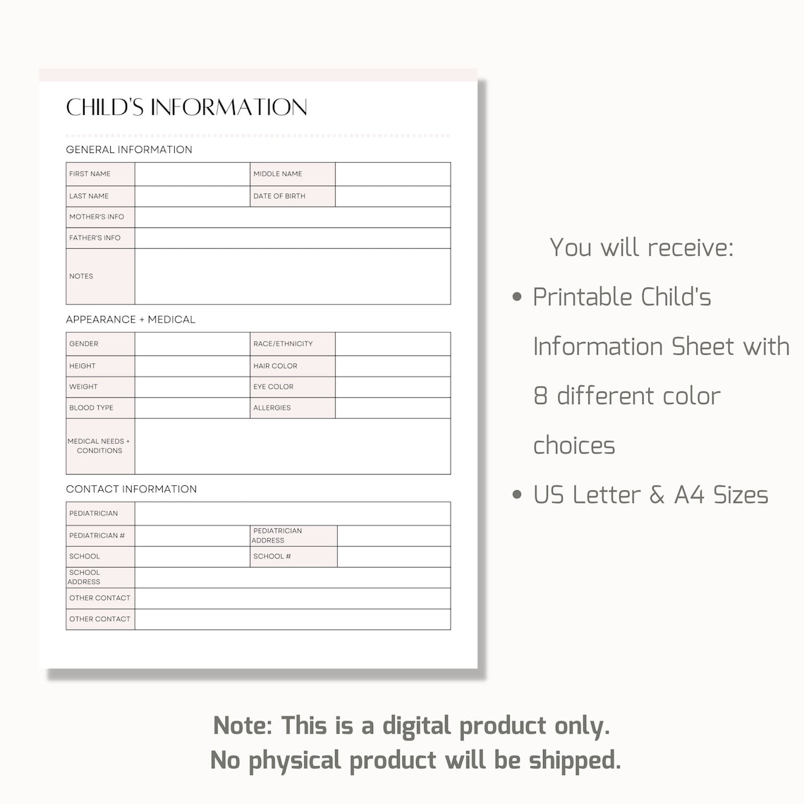 Printable Child Information Sheet, Daycare Child Contact Information ...