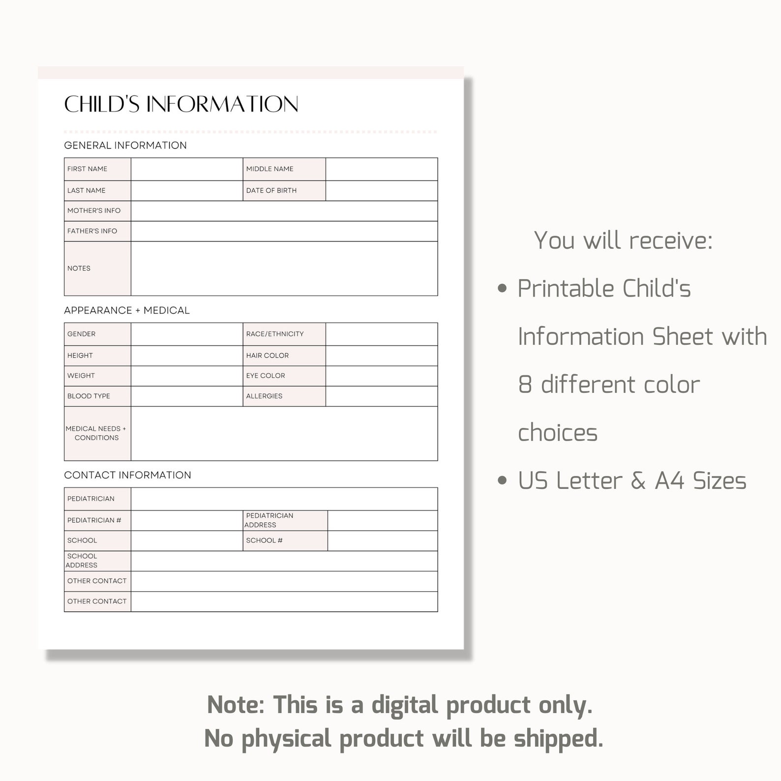 Printable Child's Information Sheet, Important Information Sheet ...