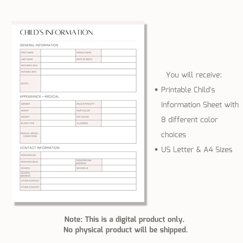 Printable Child Information Sheet, Daycare Child Contact Information ...