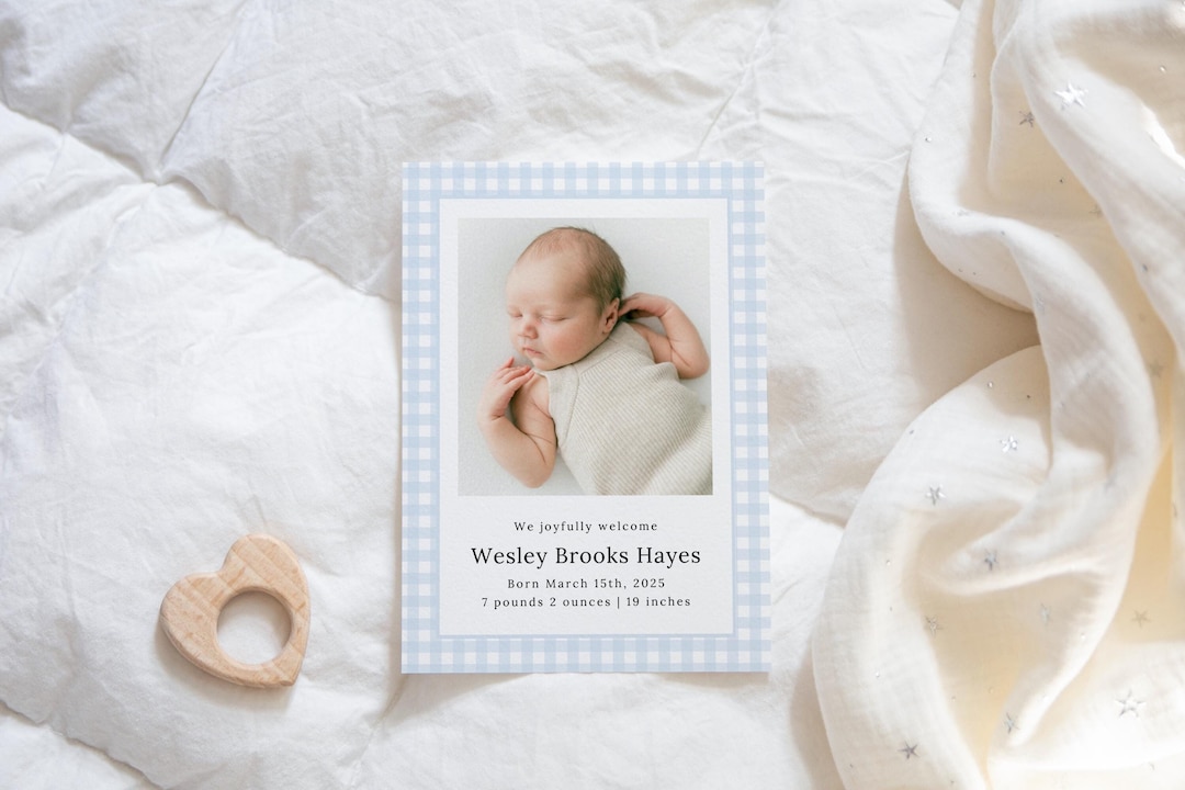 Baby Boy Birth Announcement Template, Blue Gingham Double Sided Photo ...