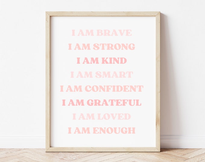 Affirmations Print for Kids, Personalizable Baby Girl Gift, Pink ...