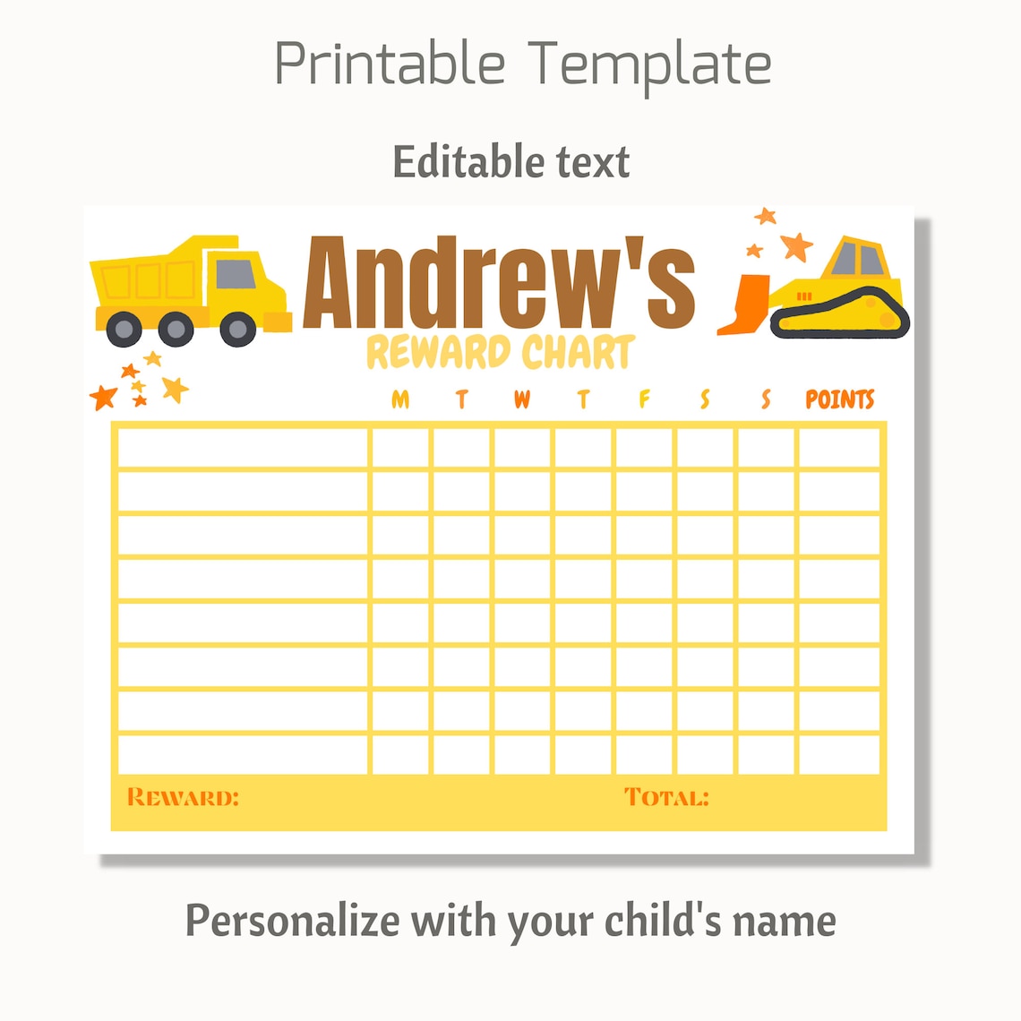 Construction Reward Chart, Printable Reward Chart, Editable ...