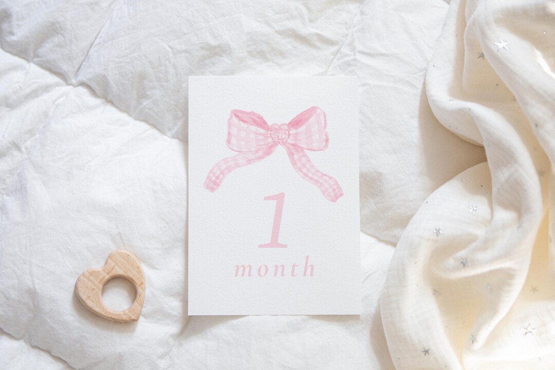 Pink Bow Milestone Cards, Gingham Bow Milestone Cards, Baby Girl ...