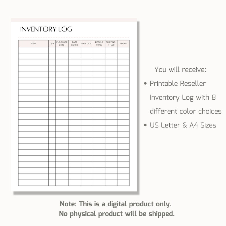 Printable Reseller Inventory Log, Inventory Spreadsheet, Inventory ...