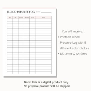 Printable Blood Pressure Log, Hypertension Tracker, Hypotension Tracker ...