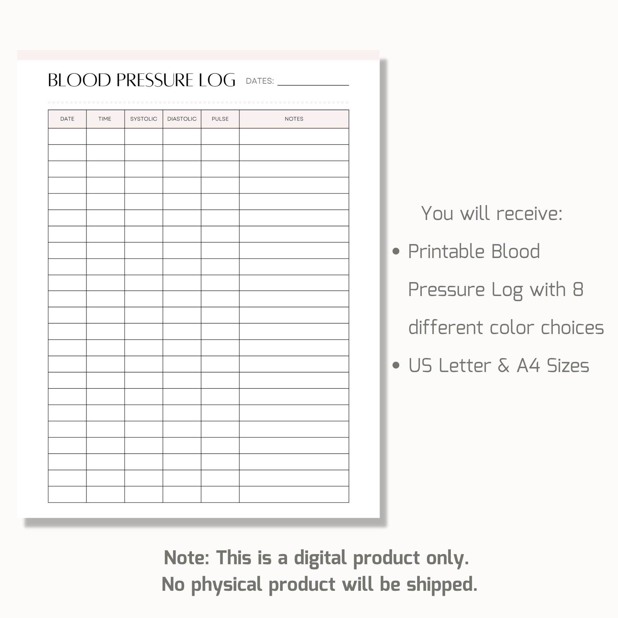 Printable Blood Pressure Log, Hypertension Tracker, Hypotension Tracker ...
