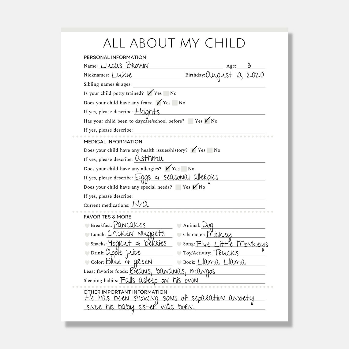 Printable Daycare All About Me Form, Child Information Sheet, Daycare ...