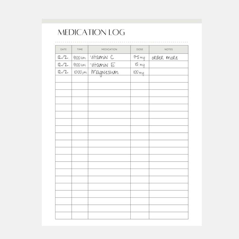 Printable Medication Log, Medicine Tracker List, Daily Medication Given ...