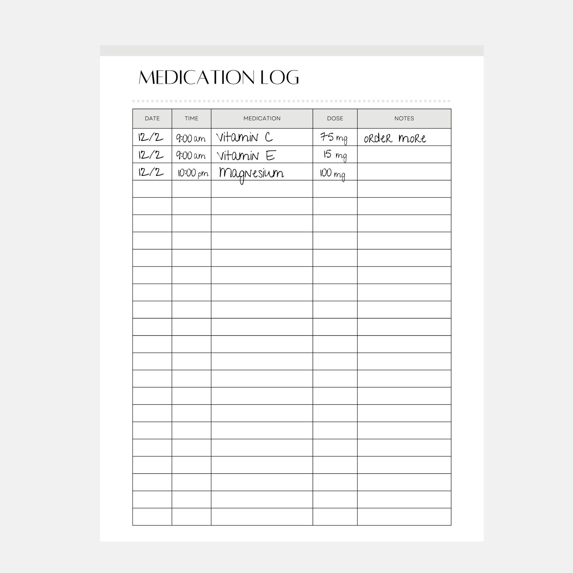 Printable Medication Log, Medicine Tracker List, Daily Medication Given ...