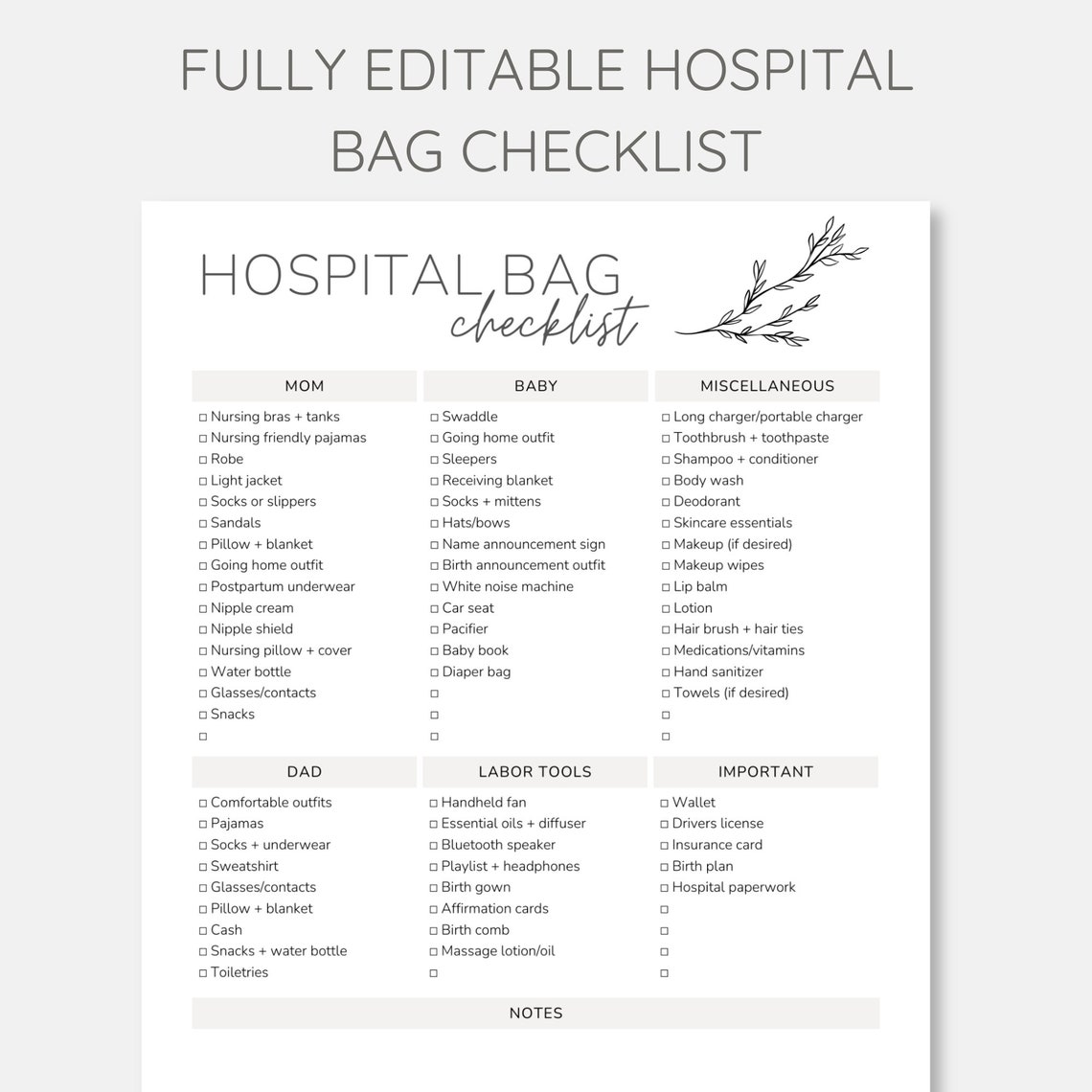 Hospital Bag Checklist Printable, Hospital Bag Packing List Template ...