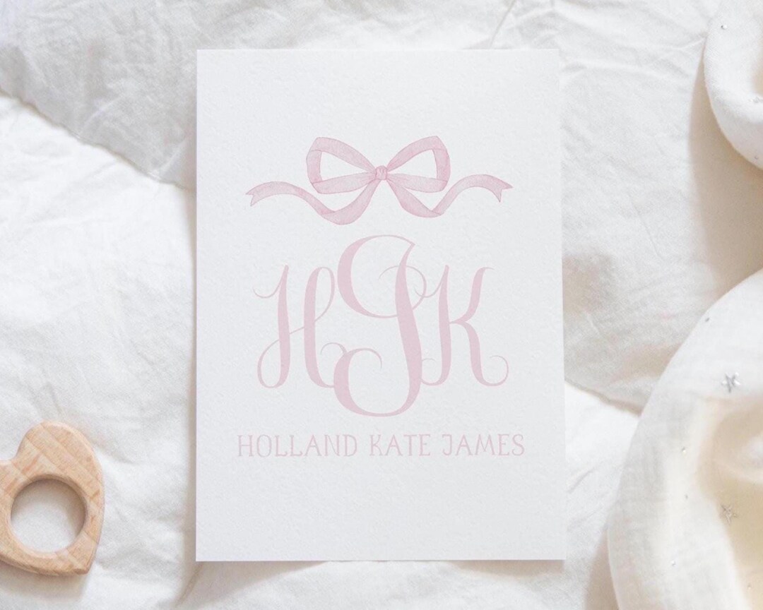 Printable Watercolor Pink Bow Baby Girl Bassinet Sign, Custom Monogram ...