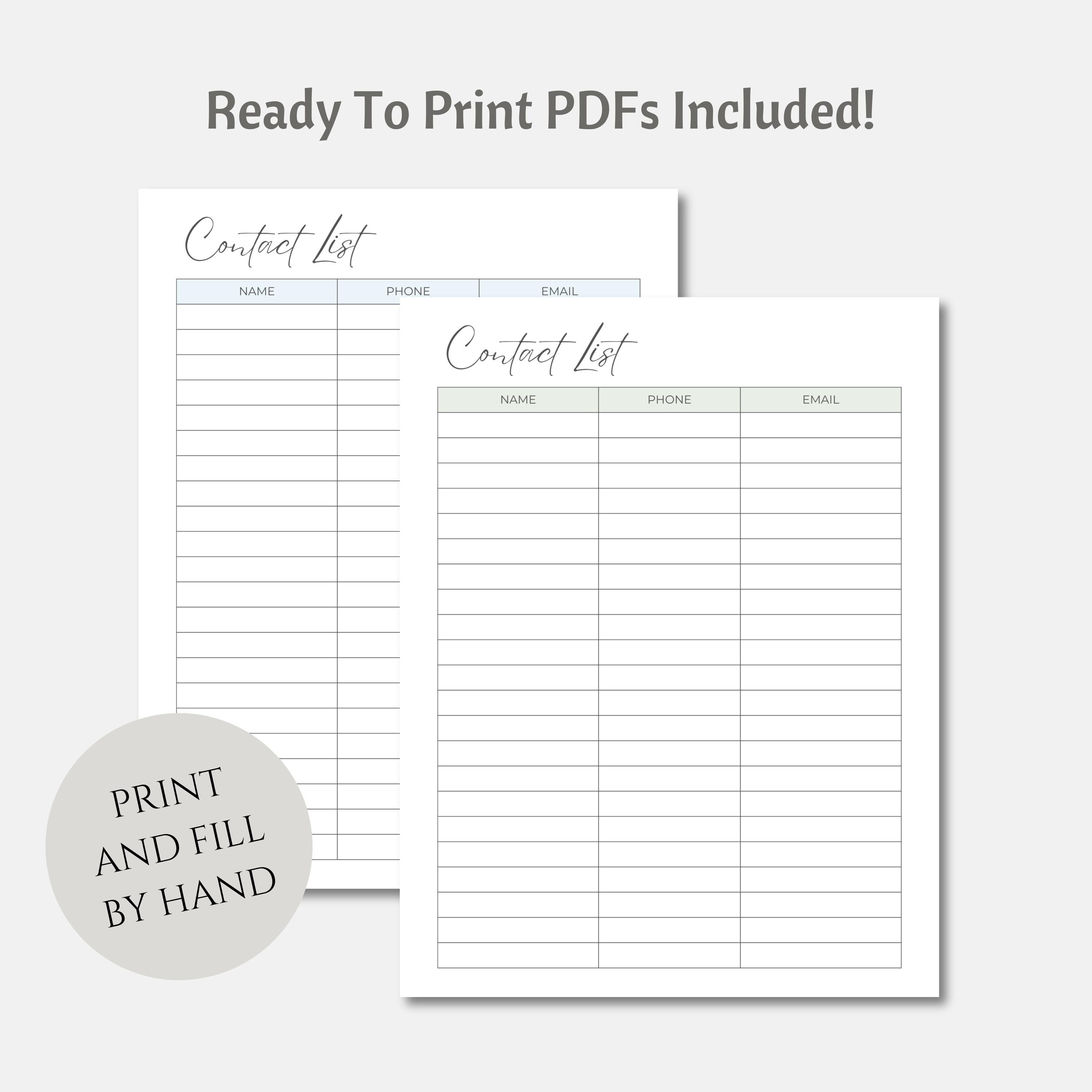 Editable Contact List Canva Template, Printable Contact List Sheet ...