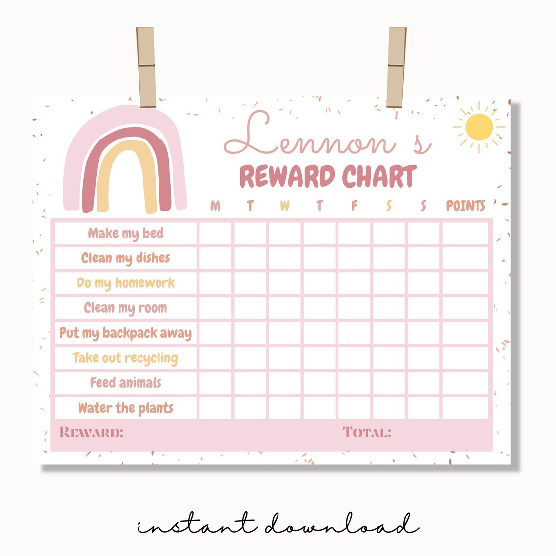Boho Rainbow Sunshine Reward Chart, Printable Reward Chart, Editable ...