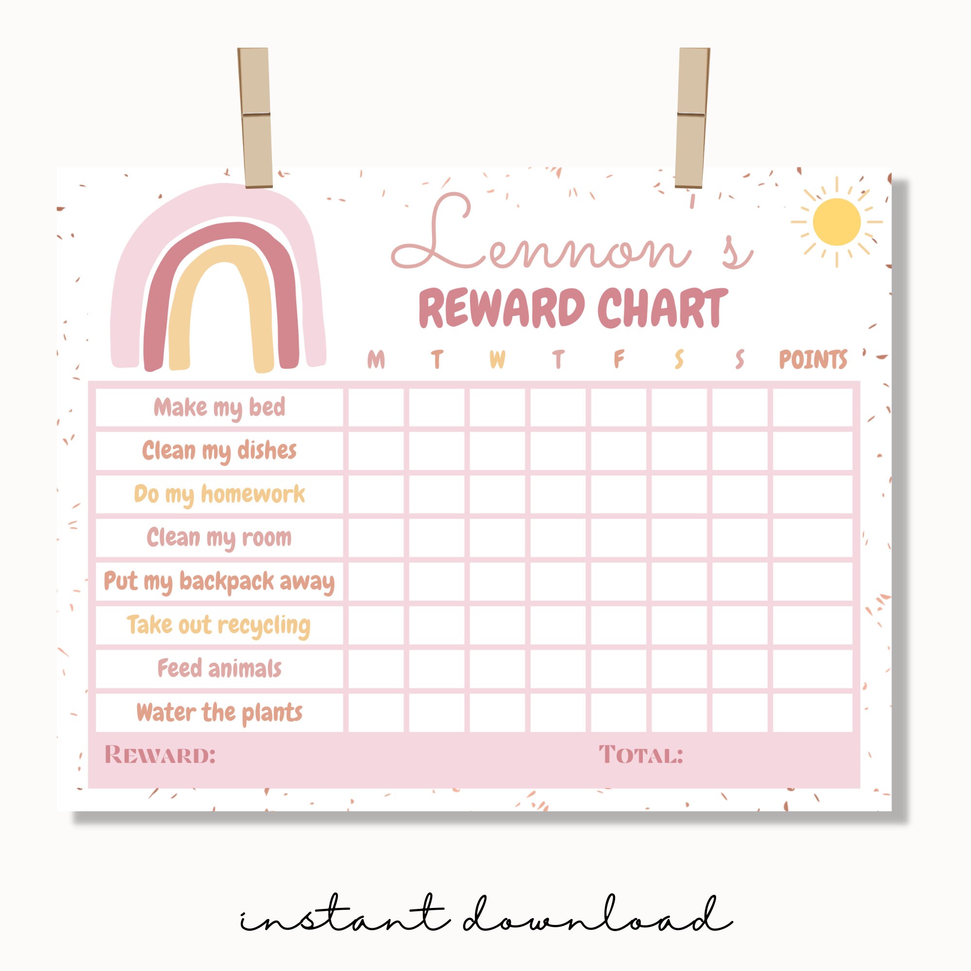 Boho Rainbow Sunshine Reward Chart, Printable Reward Chart, Editable ...