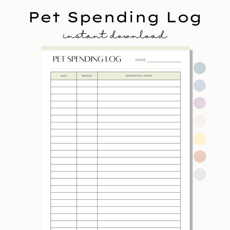 Printable Pet Spending Log, Dog Finance, Cat Finance, Puppy Cost ...
