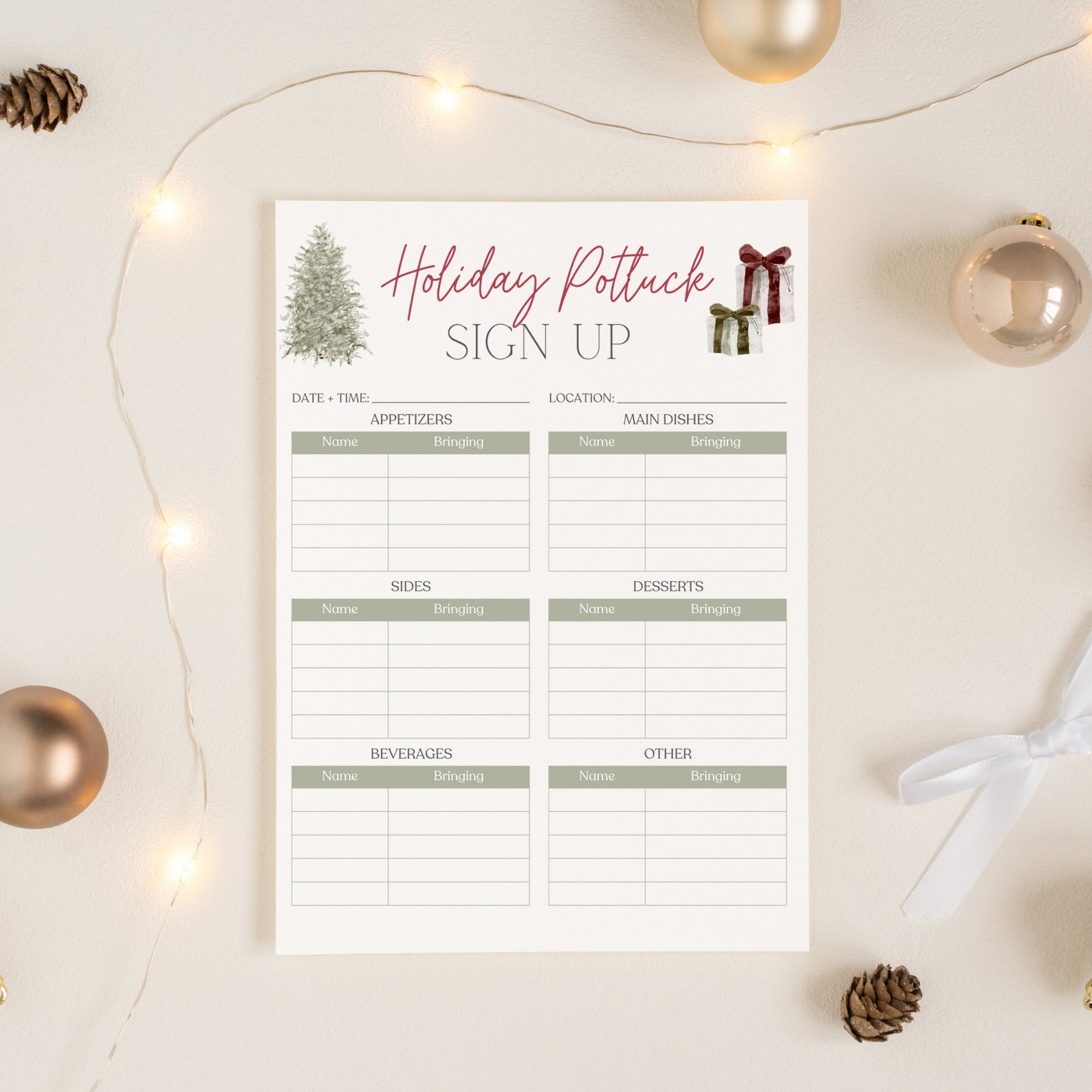 Christmas Potluck Sign up Sheet, Holiday Potluck Sign Up, Printable ...