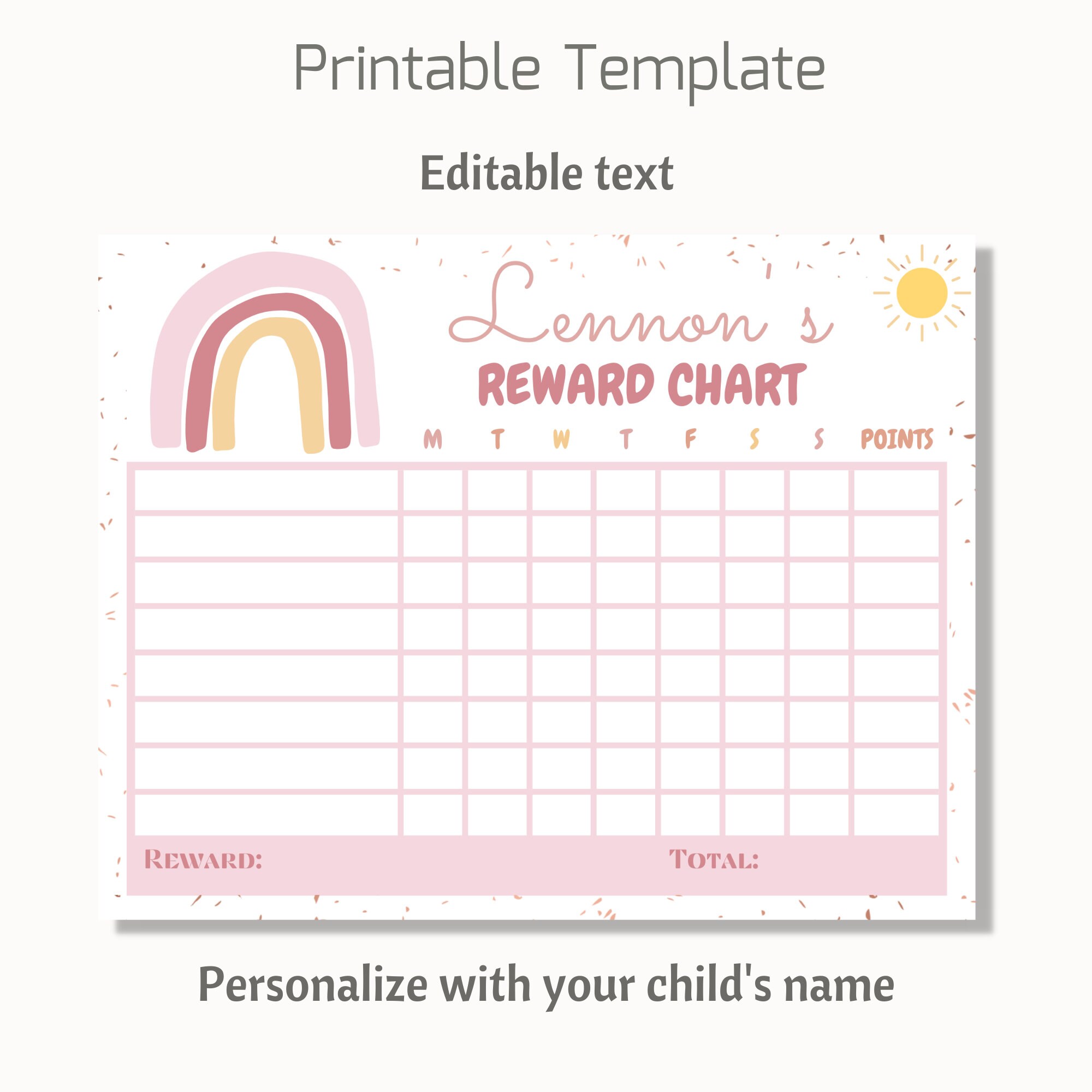 Boho Rainbow Sunshine Reward Chart, Printable Reward Chart, Editable ...