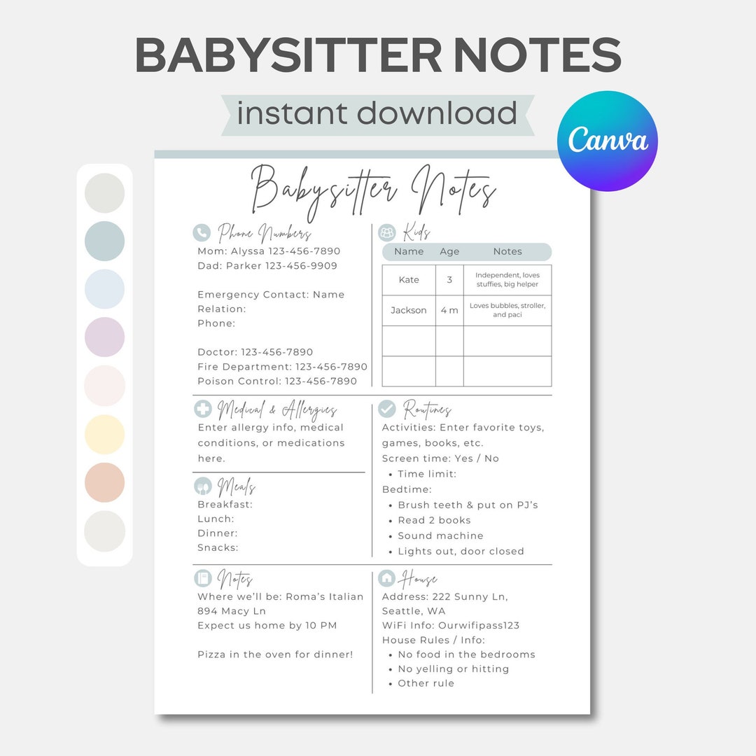 Editable Babysitter Information Sheet, Printable Babysitter Planner ...