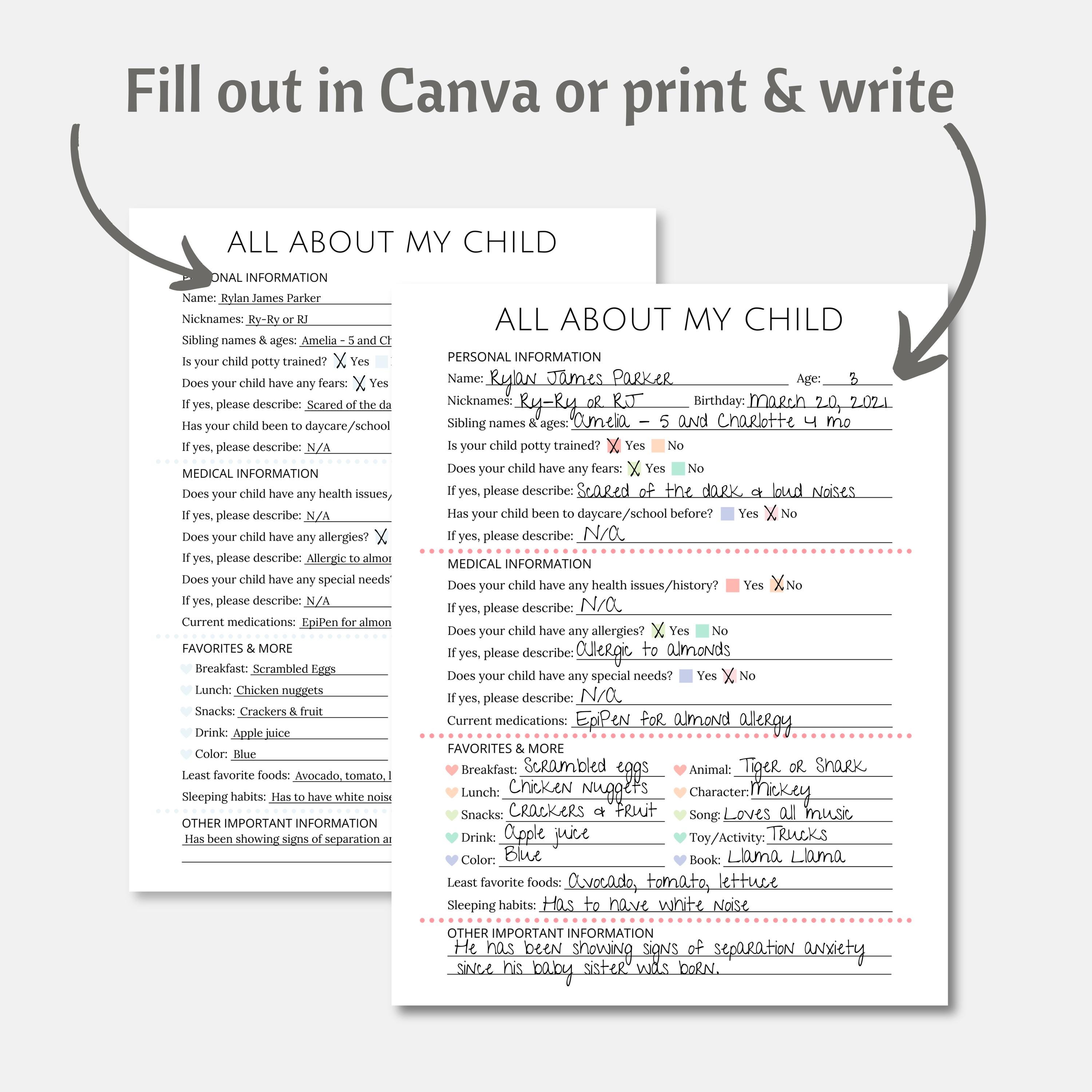 Editable All About My Child Template, Printable Daycare All About Me ...