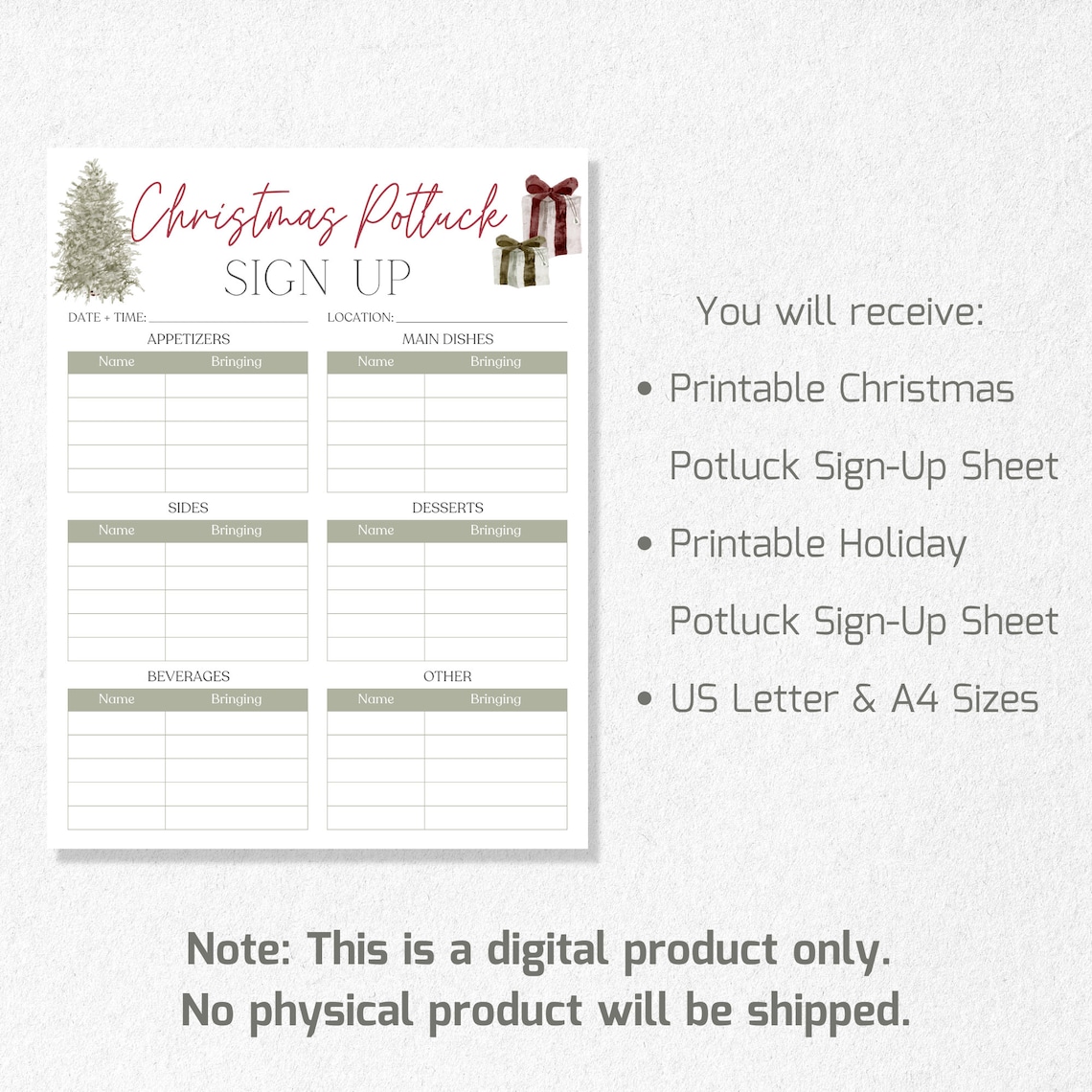 Christmas Potluck Sign up Sheet, Holiday Potluck Sign Up, Printable ...