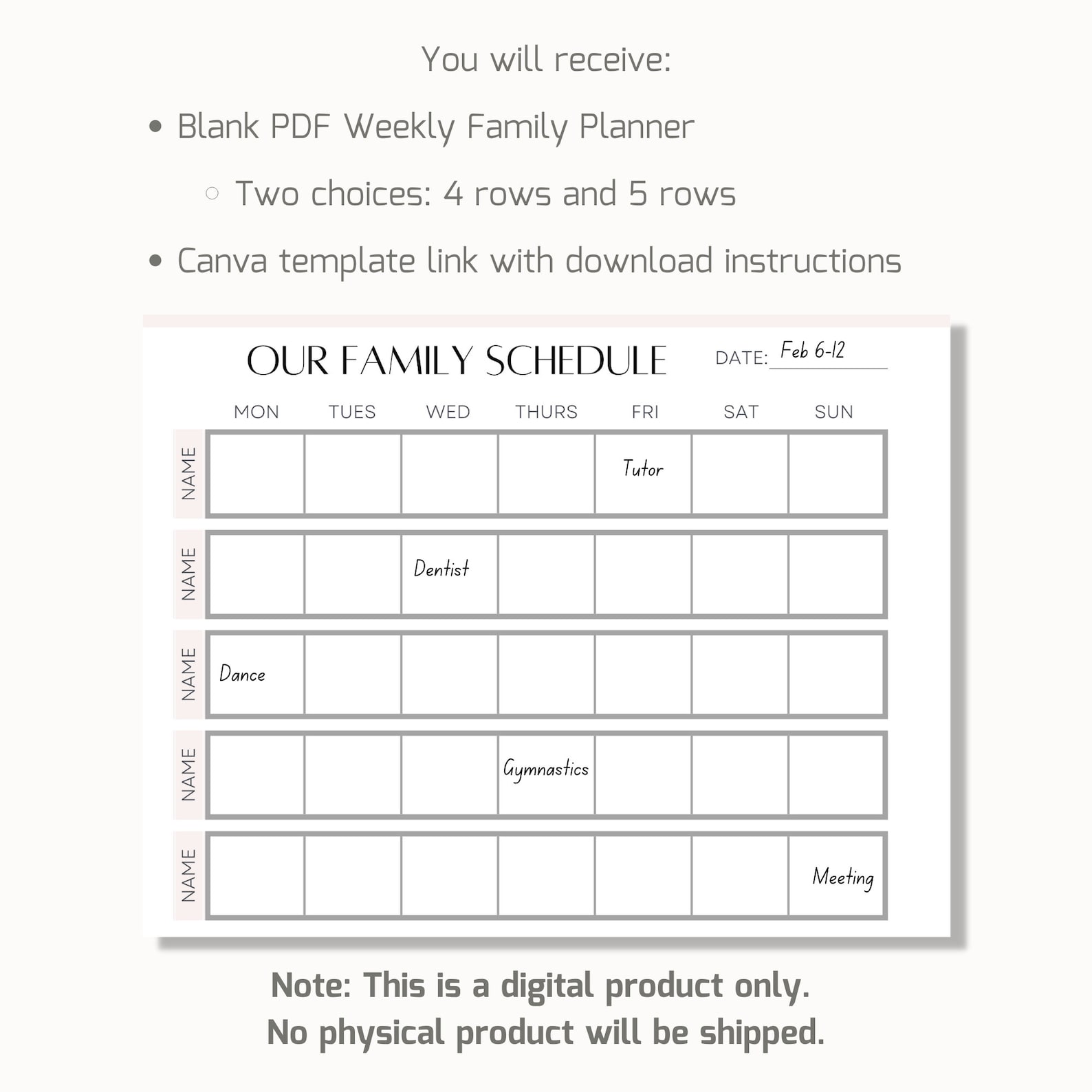 Weekly Family Schedule, Weekly Family Planner Printable, Customizable ...