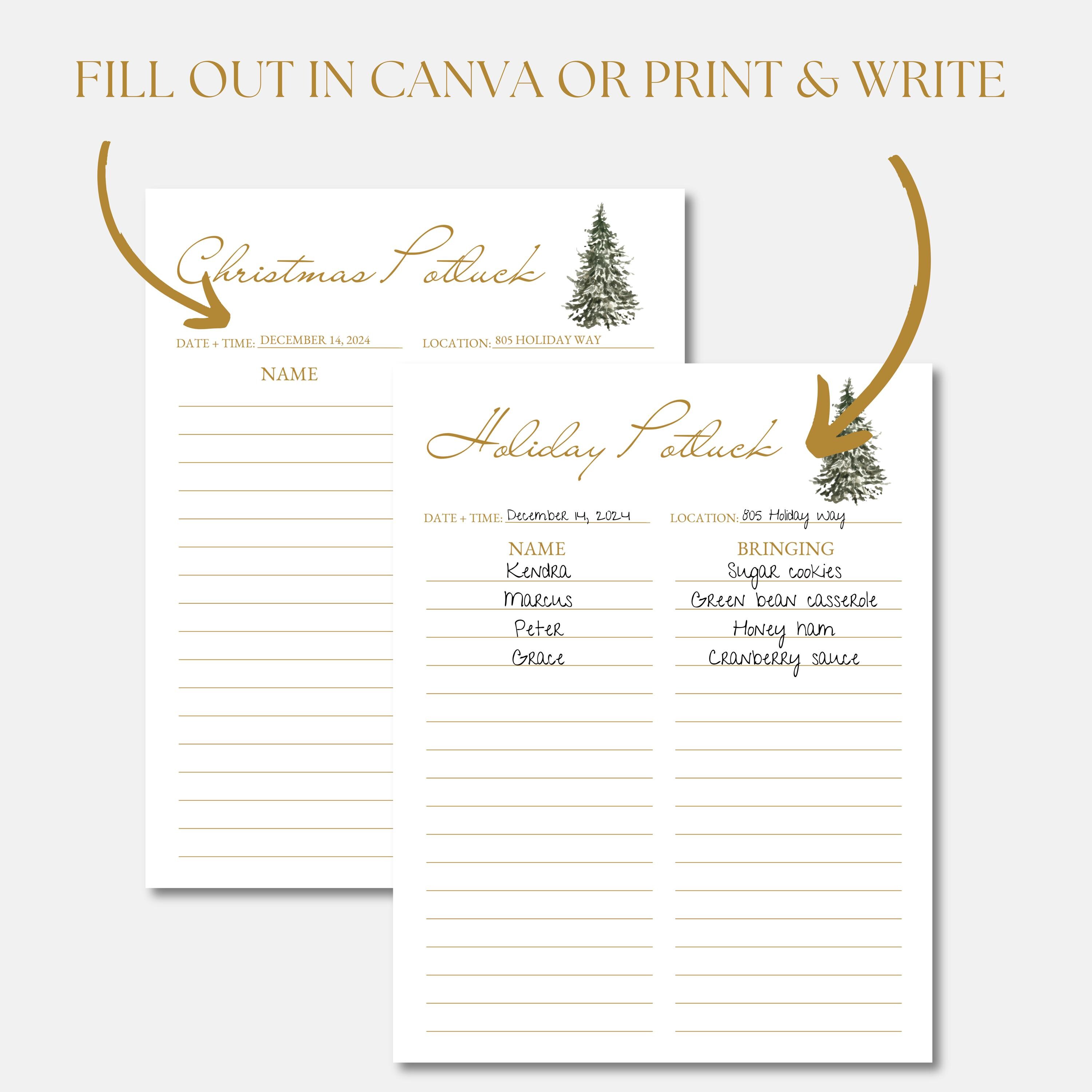 Editable Christmas Potluck Sign up Sheet Template, Holiday Potluck ...