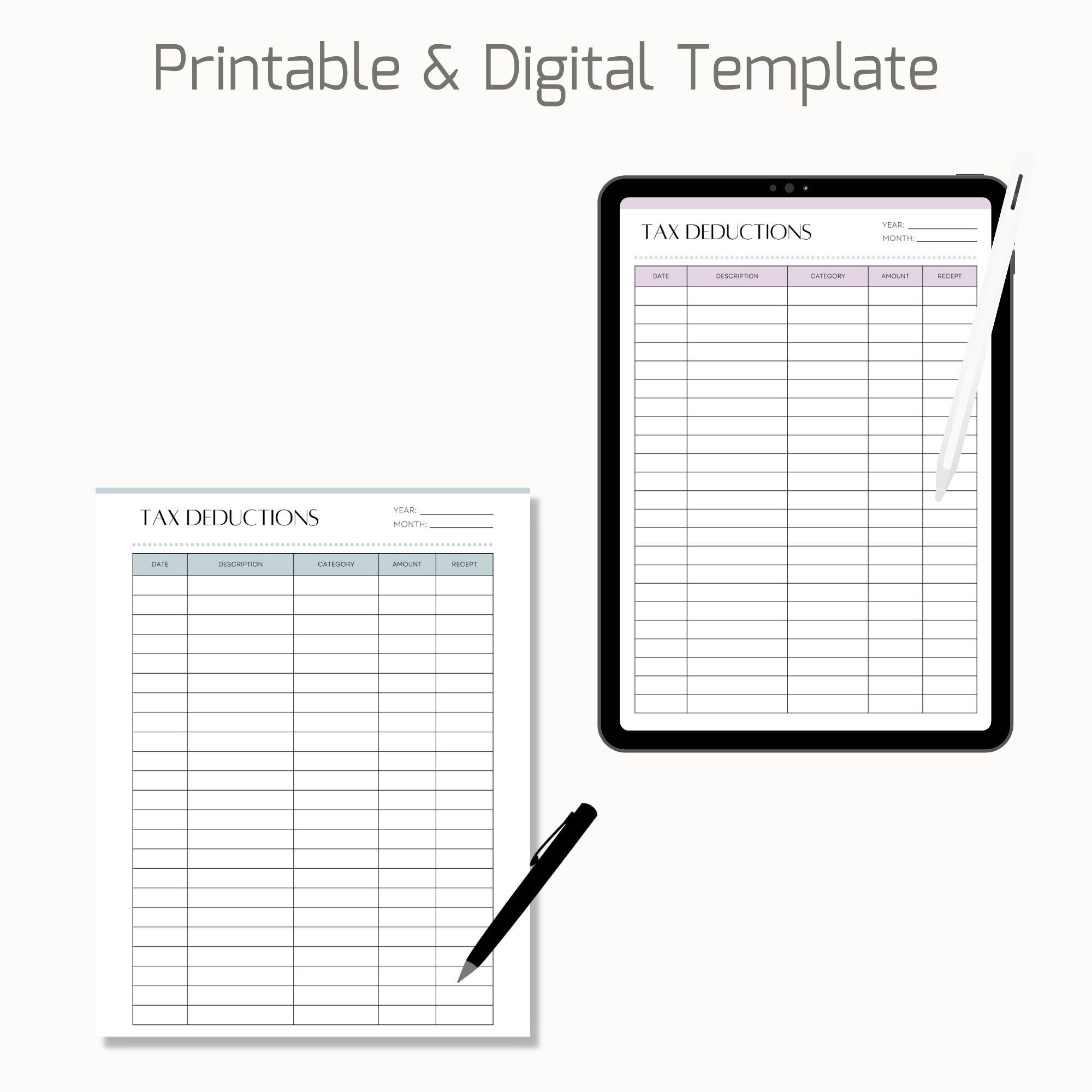 Printable Tax Deduction Tracker, Tax Deduction Log, Business Tax Log ...