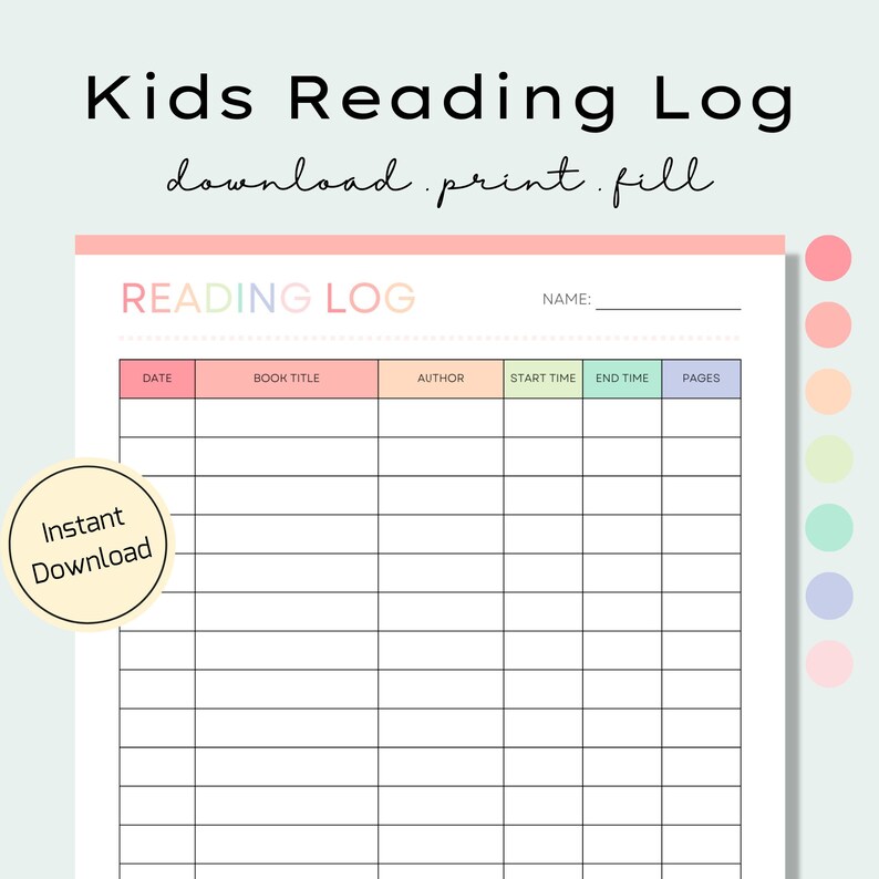 Printable Kids Reading Log Summer Reading Log Daily Reading - Etsy