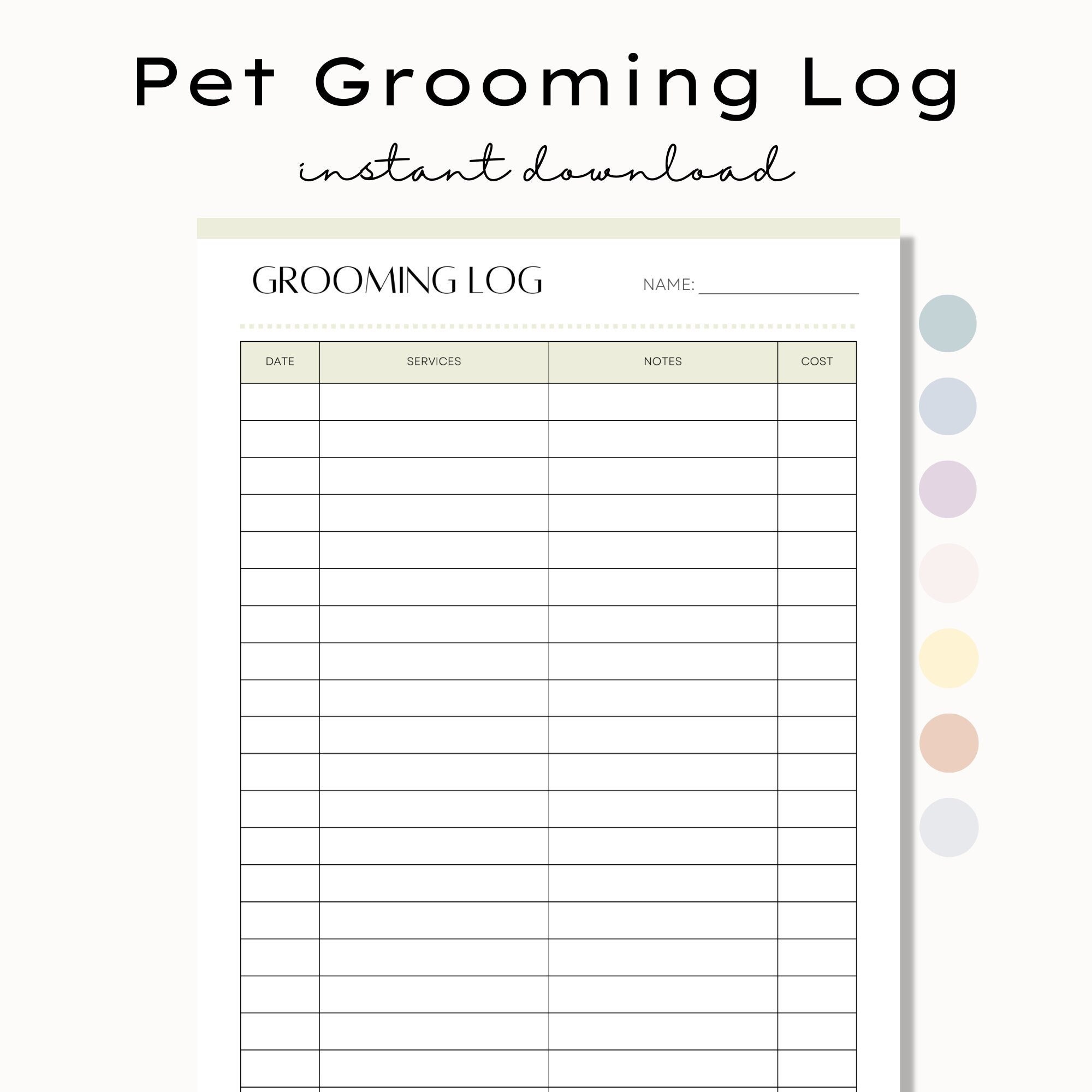 Printable Pet Grooming Log, Grooming Tracker, Dog Grooming, Cat ...