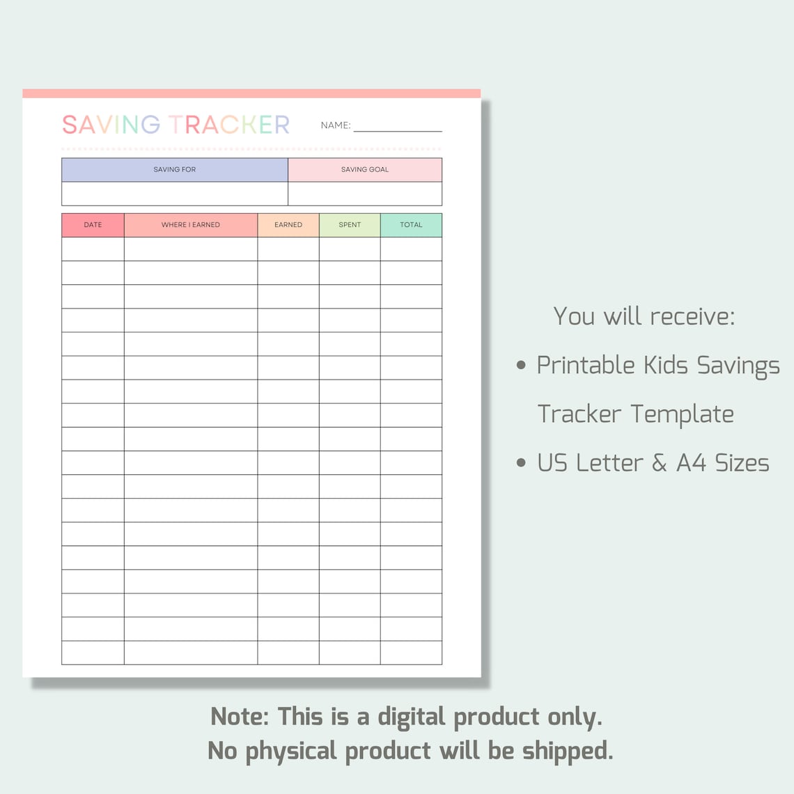 Printable Kids Savings Tracker, Kids Money Saving Goals, Financial ...