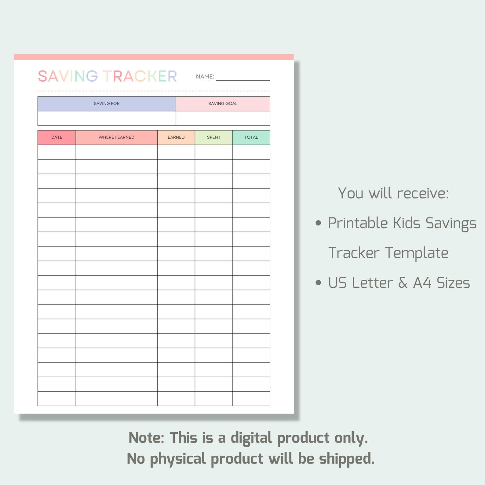 Printable Kids Savings Tracker, Kids Money Saving Goals, Financial ...