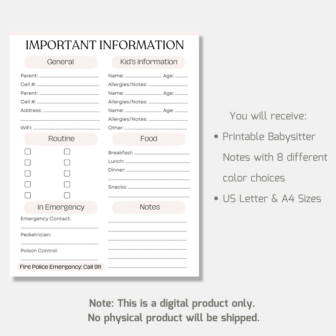 Printable Babysitter Information Sheet Template, Nanny Note, Emergency ...