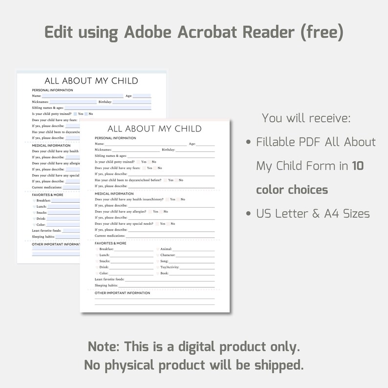 Child Info Sheet Printable, Fillable Daycare All About Me Form ...