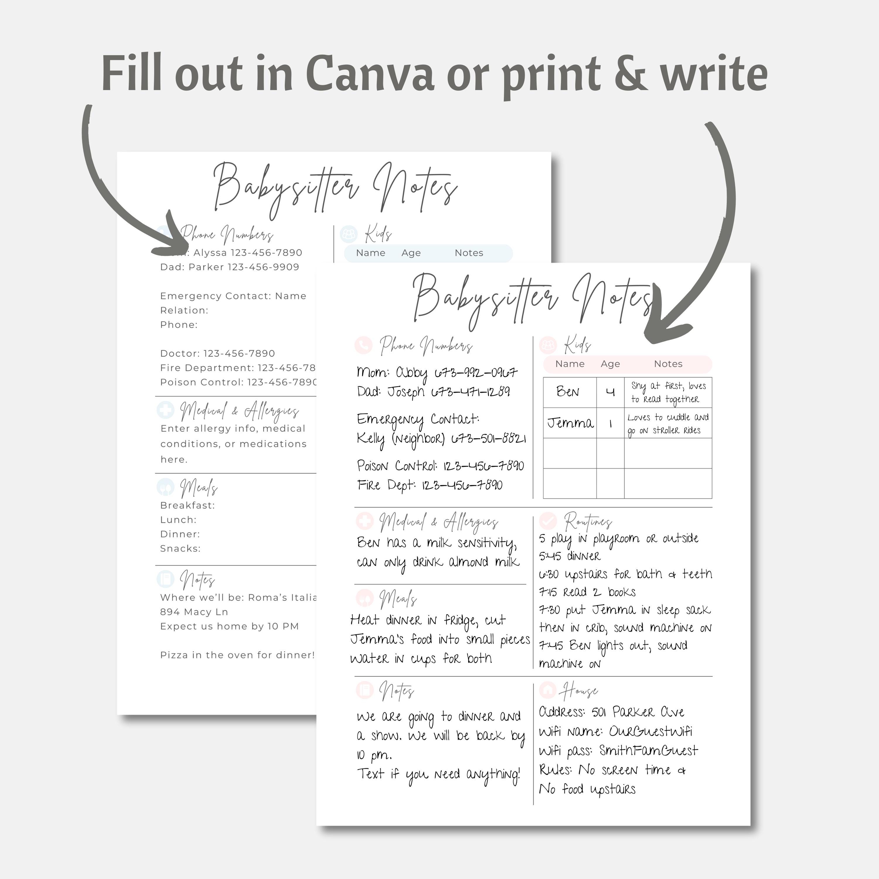Editable Babysitter Information Sheet, Printable Babysitter Planner ...