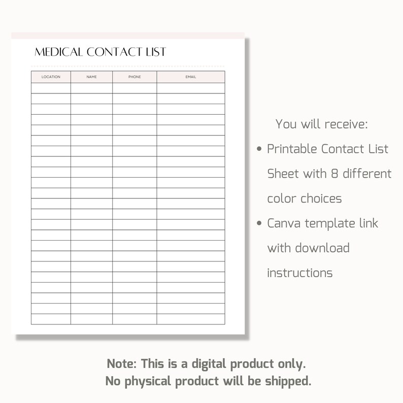 Printable Medical Contact List Doctor Contact List Medical - Etsy