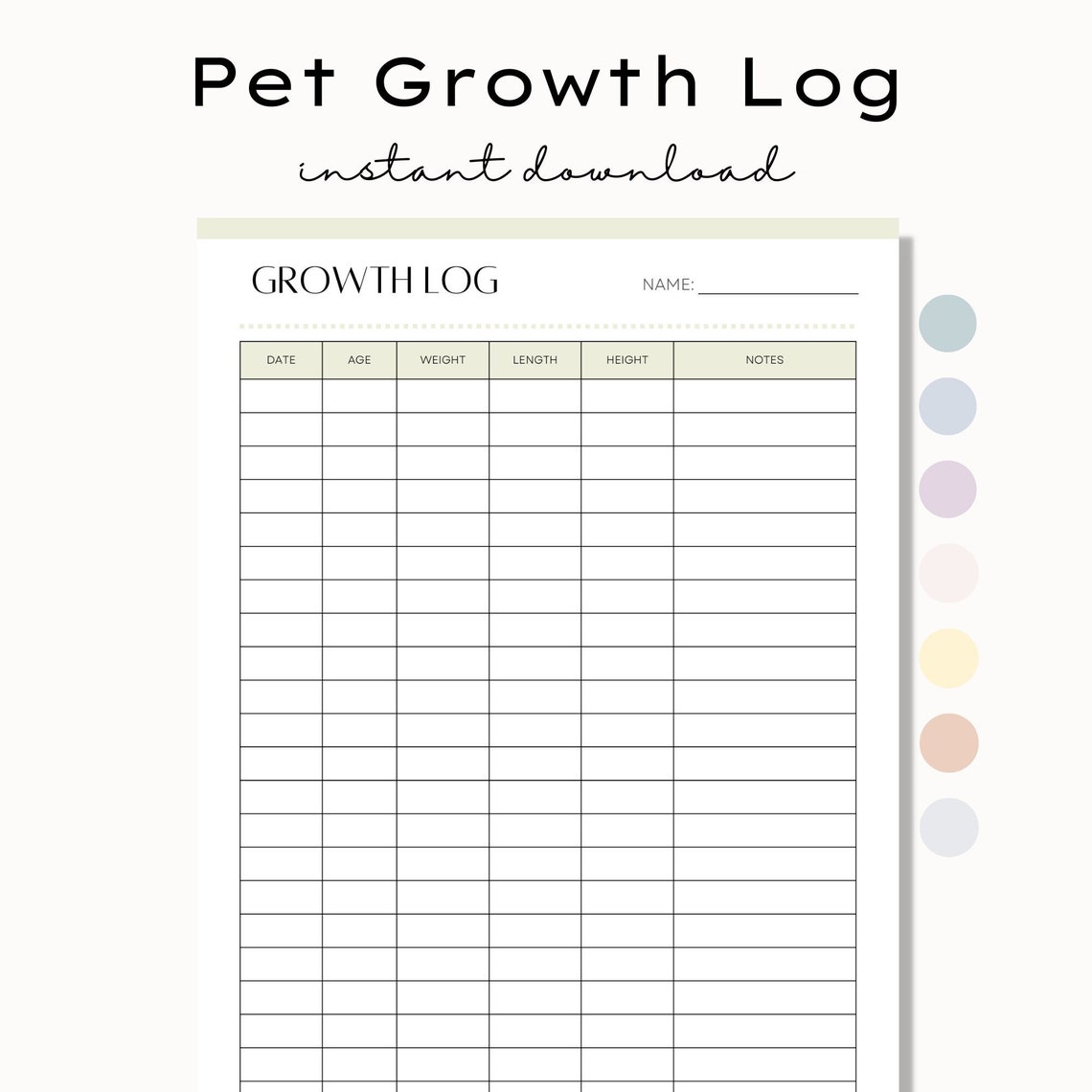 Printable Pet Growth Log, Dog Growth, Cat Growth, Puppy Growth, Kitten ...