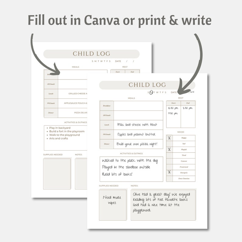 Editable Toddler Daily Report, Child Log, Toddler Meal Log, Child Care ...