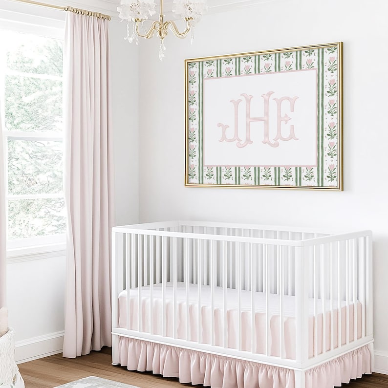 Vintage Floral Monogram Nursery Wall Art, Grandmillennial Nursery, Pink ...