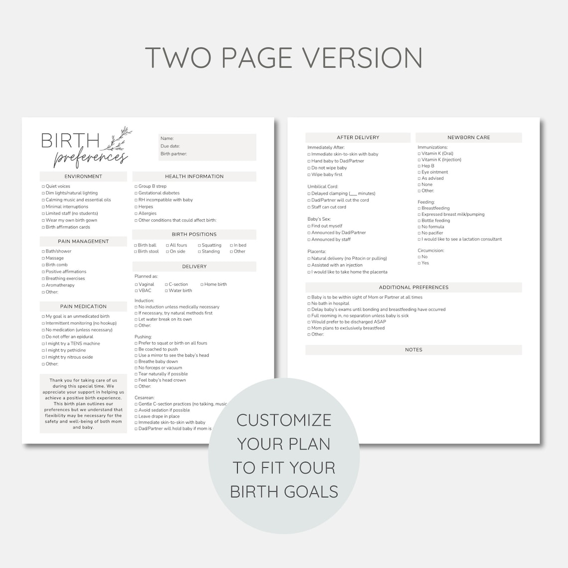 Birth Plan Template, Birth Plan Printable, Editable Birth Preferences ...