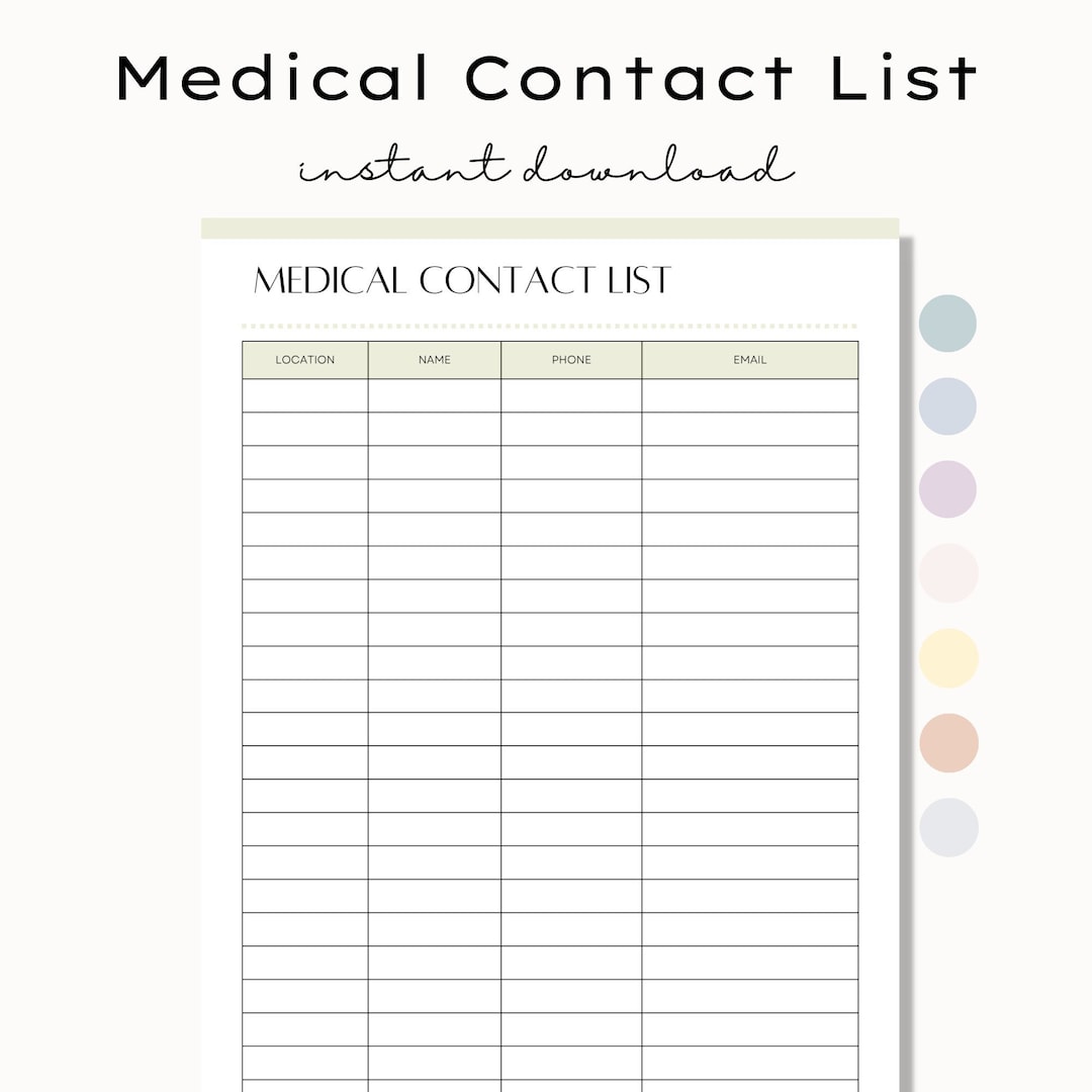 Printable Medical Contact List, Doctor Contact List, Medical Contact ...