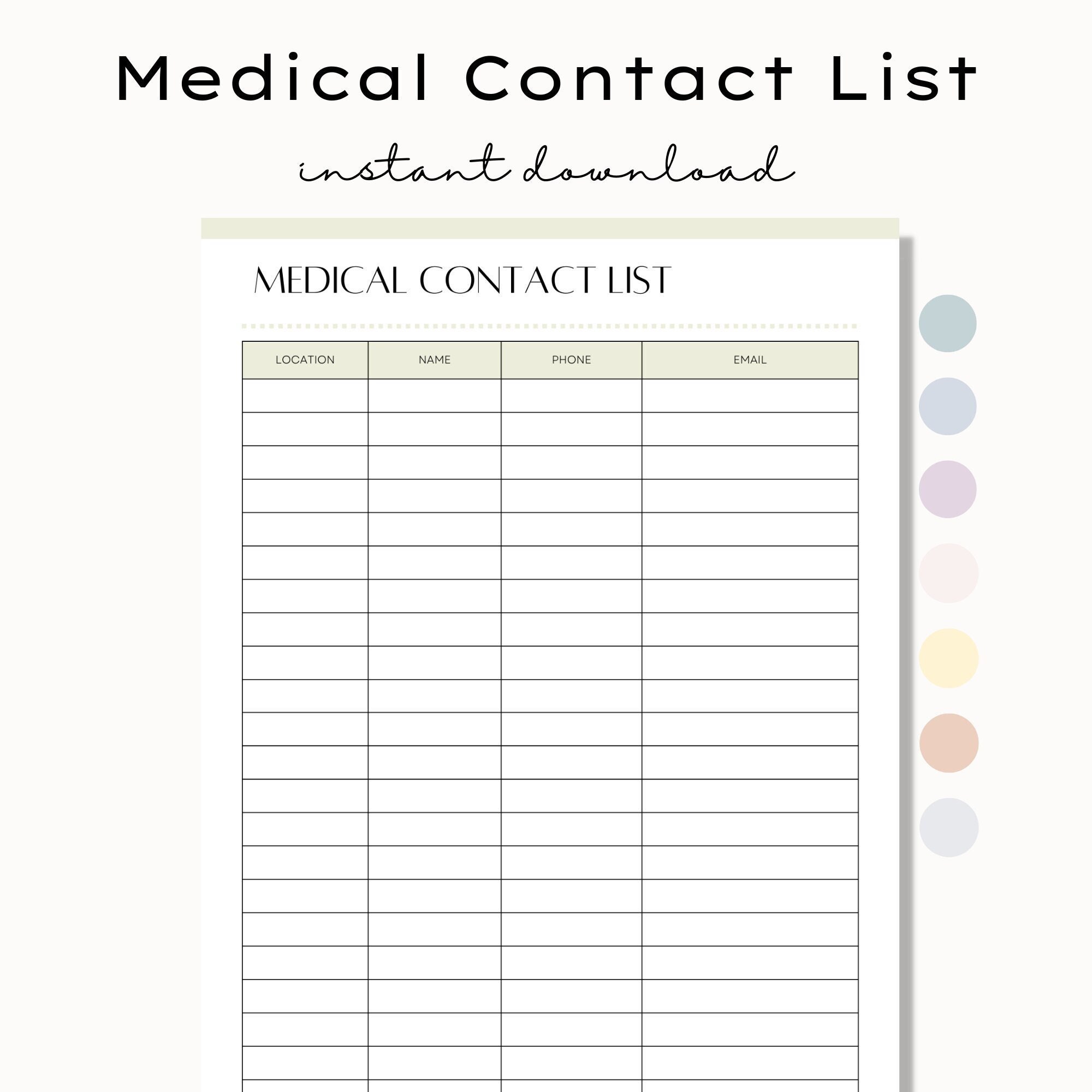 Printable Medical Contact List, Doctor Contact List, Medical Contact ...