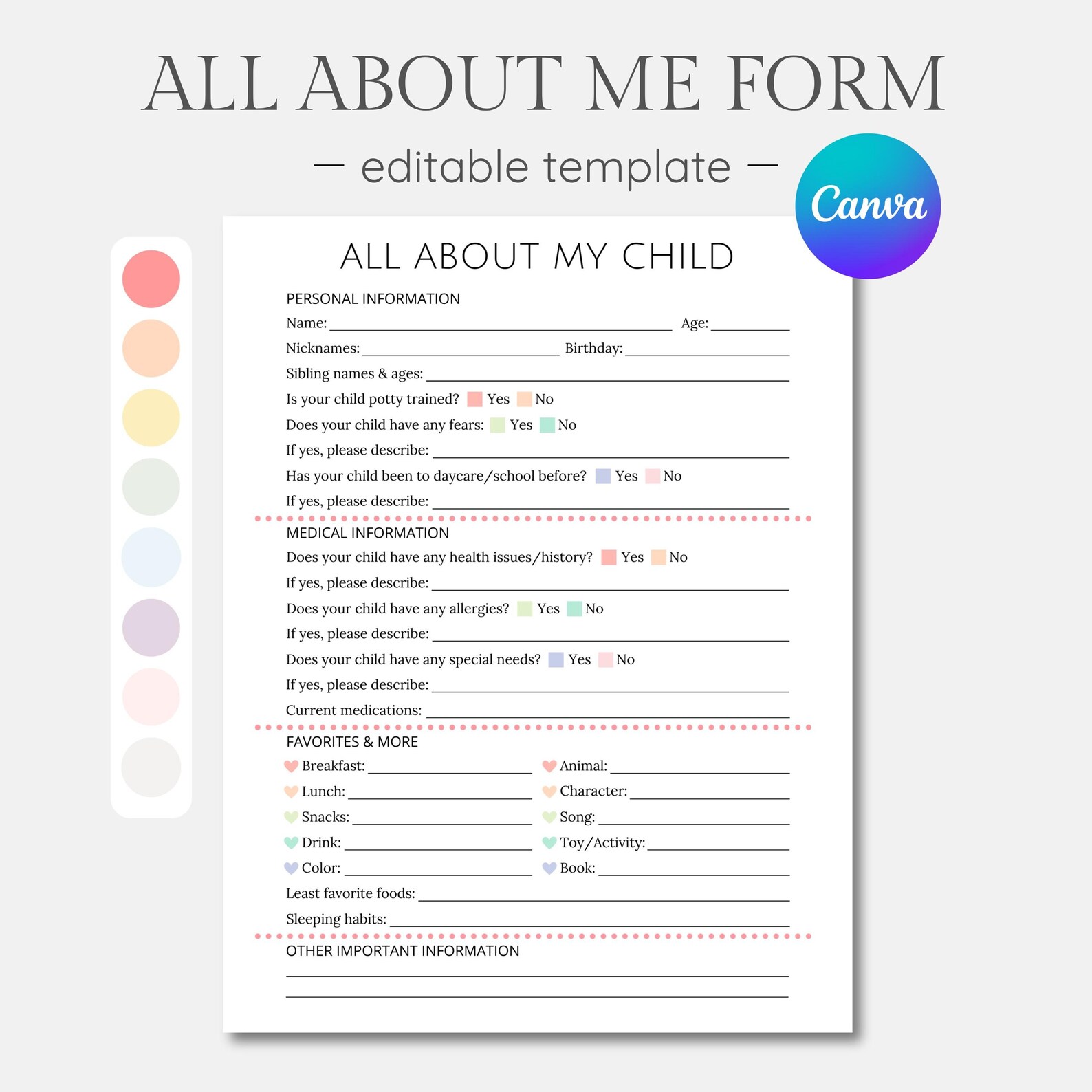 Editable All About My Child Template, Printable Daycare All About Me ...