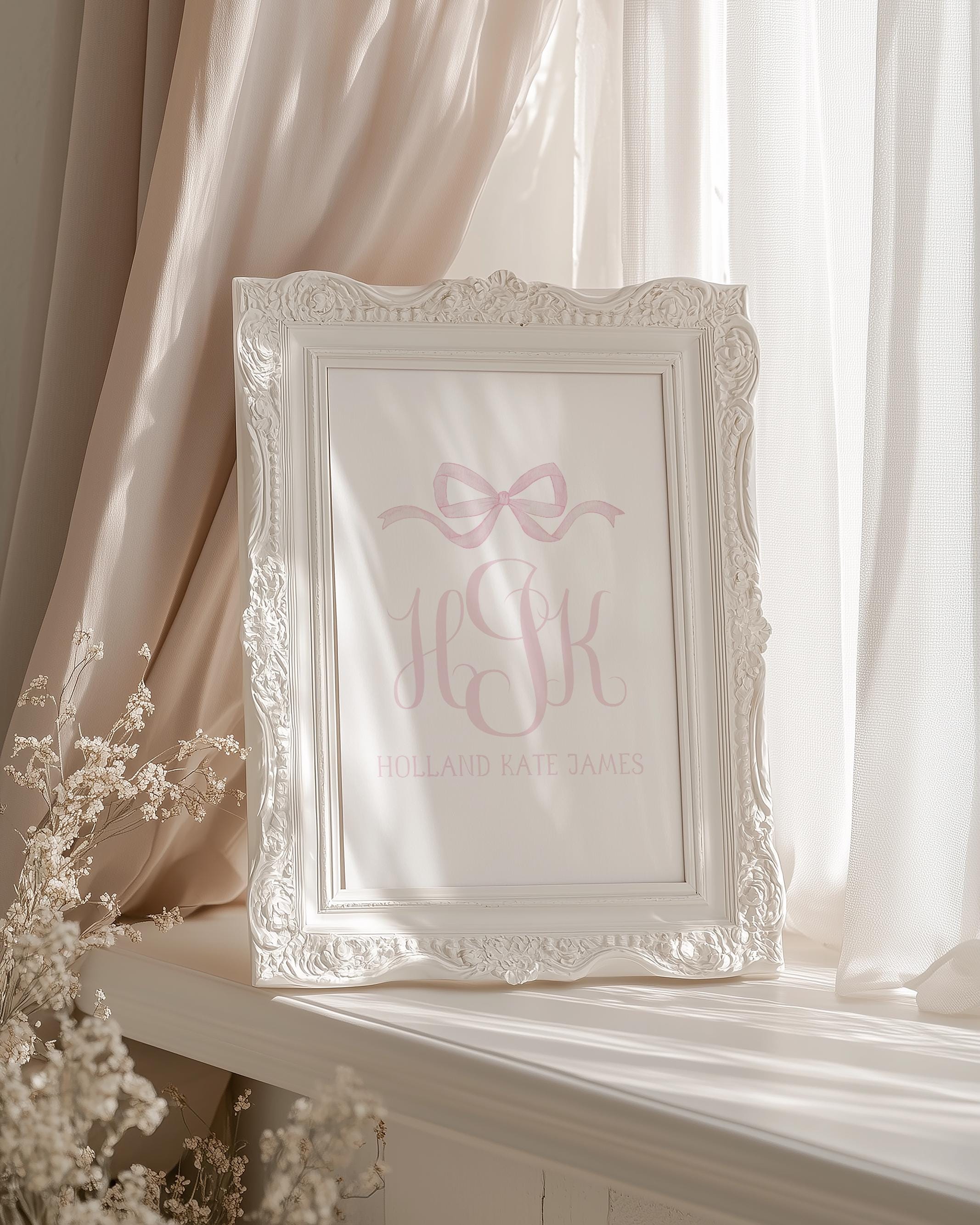 Printable Watercolor Pink Bow Baby Girl Bassinet Sign, Custom Monogram ...