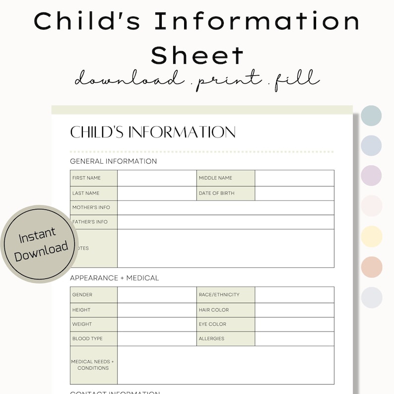 Printable Child's Information Sheet Important Information - Etsy