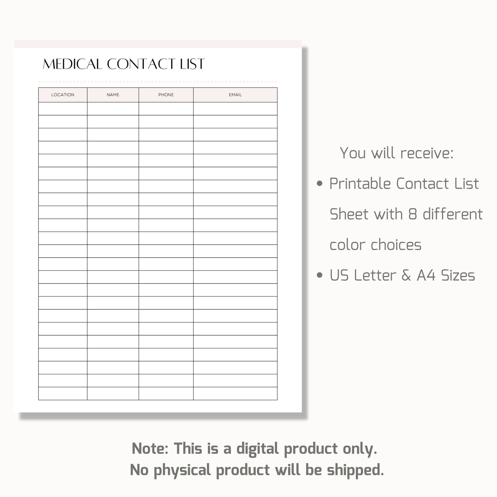 Printable Medical Contact List, Doctor Contact List, Medical Contact ...