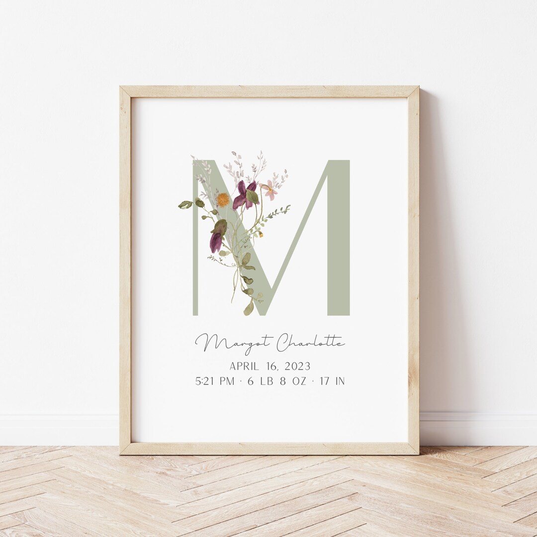 Baby Birth Details Print, Birth Flower Baby Announcement, Wildflower ...