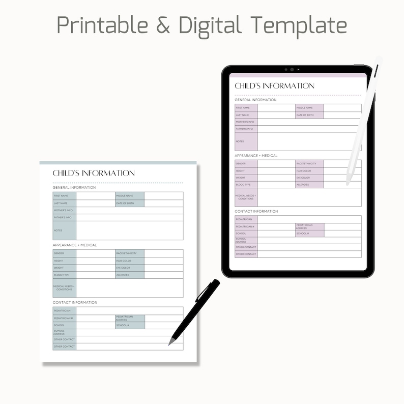 Printable Child's Information Sheet, Important Information Sheet ...
